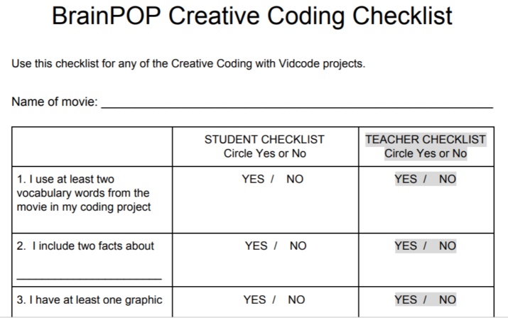 Creative Coding Checklist Brainpop Educators
